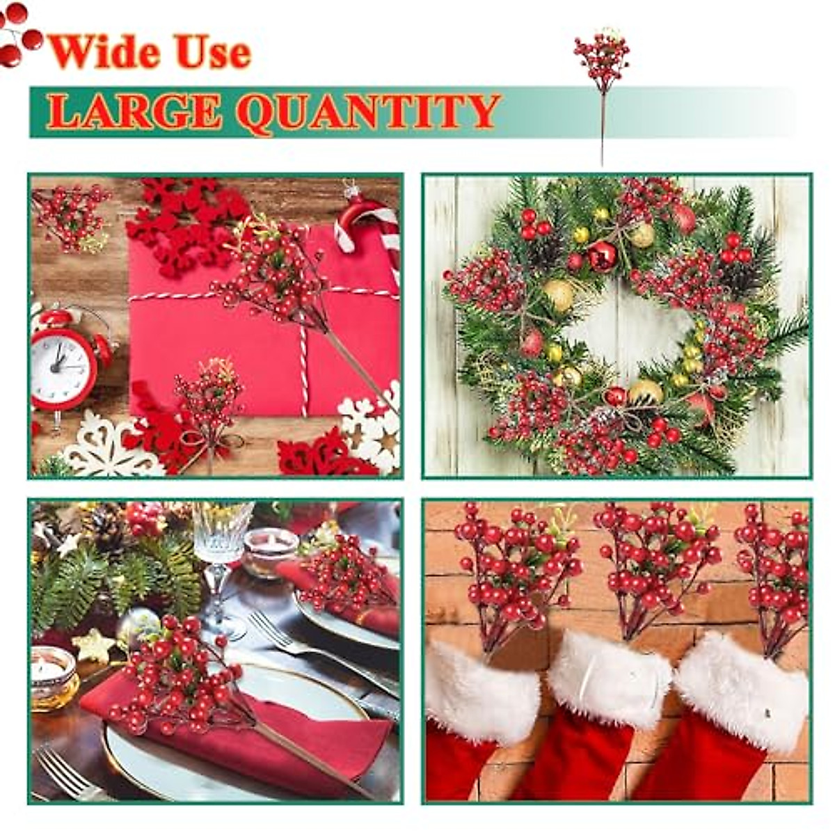 HEBE 12 Pack Christmas Flower Picks Artificial Red Berry Stems Fake Holly Berries Branches for Christmas Tree 0rnaments DIY Wreath Vase Holiday Home Xmas Decor