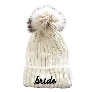 ModParty Bride & Bridesmaid Beanie Hats Knitted with Faux Fur Pom Poms for Women Winter Bachelorette Parties (White)
