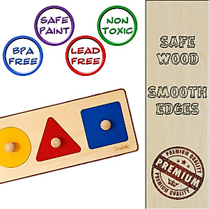 Magnetic Wooden Montessori Knob Puzzle - 3 Jumbo Shapes - Learn Colors & Shape – Baby & Toddler Development Toy