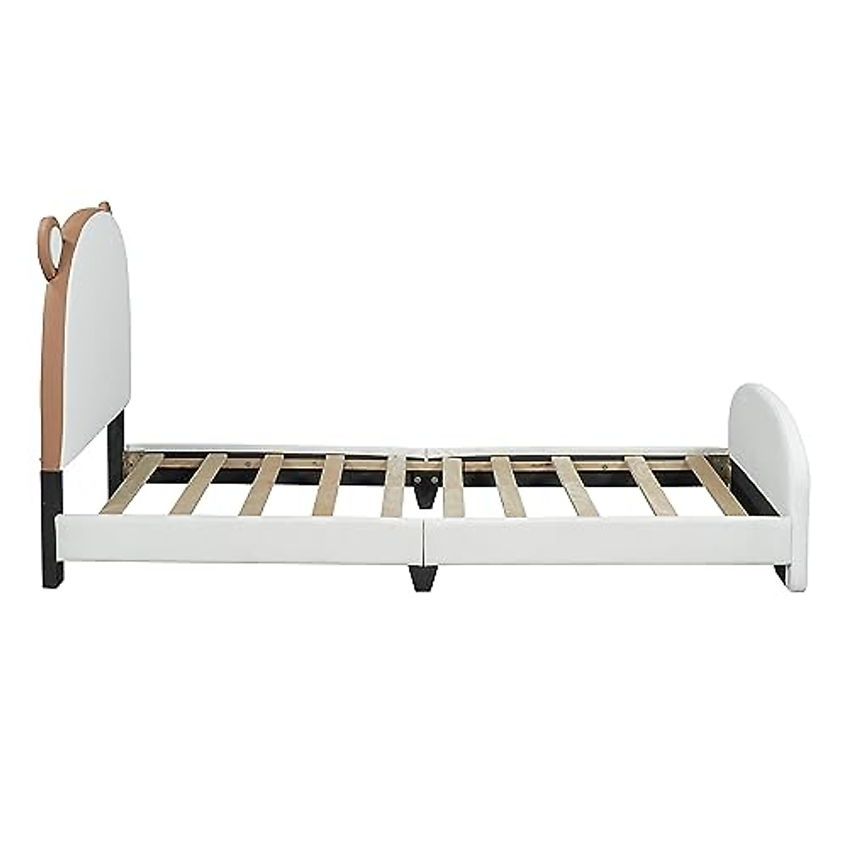 Twin Platform Bed Frame, Platform Bed for Girls Boys, Modern PU Leather Upholstered Platform Bed with Bear-Shaped Headboard and Footboard, Noise-Free, No Box Spring Needed (White+Brown)