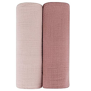 Ely's & Co. Cotton Muslin Swaddle Blanket 2-Pack for Baby Girl — 100% Cotton Muslin Extra-Large Swaddle Blankets (47” x 47”) Cranberry & Rosewater Pink