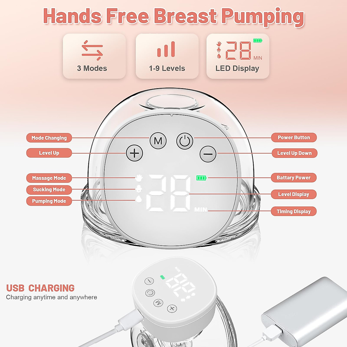 Wearable Breast Pump Hands Free: Portable Electric Breast Pumps with 24mm Flange 3 Modes 9 Levels Leak-Proof Massage Function Single Rechargeable Wireless Low Noise Painless Breastfeeding Pump