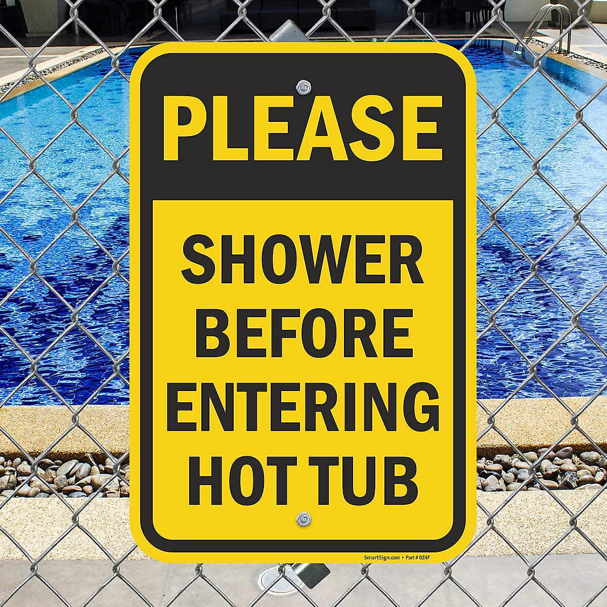 SmartSign 18 x 12 inch “Please Shower Before Entering Hot Tub” Sign with Pre-Cleared Holes, Digitally Printed, 55 mil HDPE Plastic, Black and Yellow, Made in USA