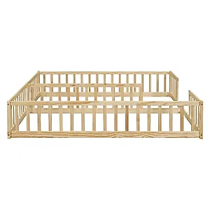 PVWIIK Twin Size Double Montessori Bed for Kids, Girls, Boys Bedroom,Twin Floor Bedframe w/Fence,Easy Assembly & No Box Spring Needed, Natural