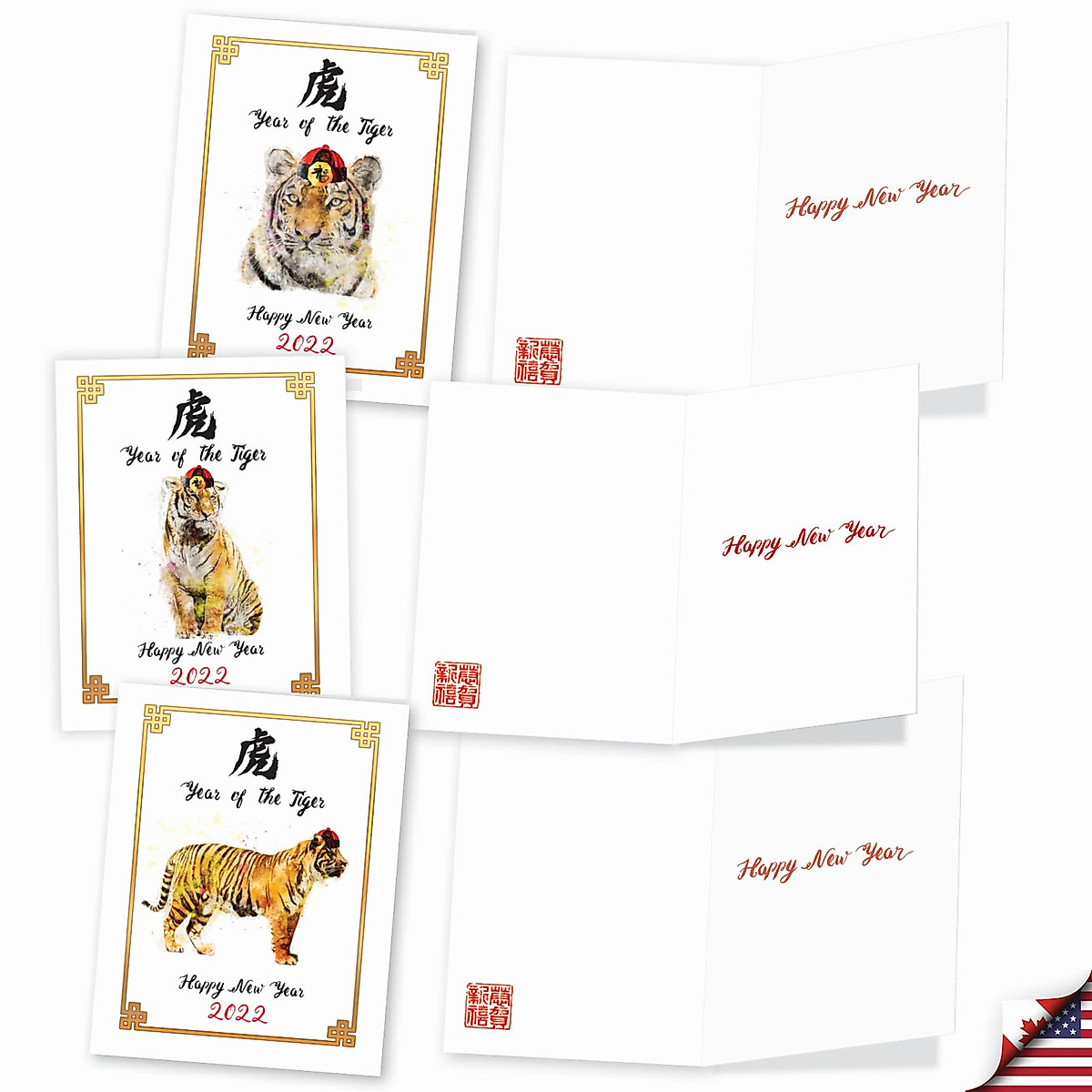 The Best Card Company - 20 Lunar New Year 2022 Box Set 4 x 5.12 Inch w/Envelopes (not Gold Foil) Chinese Animals for Men, Women Variety Pack (10 Designs, 2 Each) Year of The Tiger AM8989CNG-B2x10-22