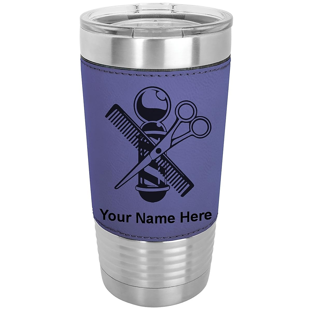 LaserGram 20oz Vacuum Insulated Tumbler Mug, Barber Shop Pole, Personalized Engraving Included (Faux Leather, Dark Purple)