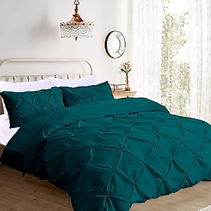 Good Night Bedding Duvet Cover Set - Pinch Pleated 5 Piece Duvet Cover Set 100% Cotton 800 Thread Count with Zipper & Corner Ties Tuffed Pattern Pintuck Decorative (Full/Queen, Teal) Duvet Set