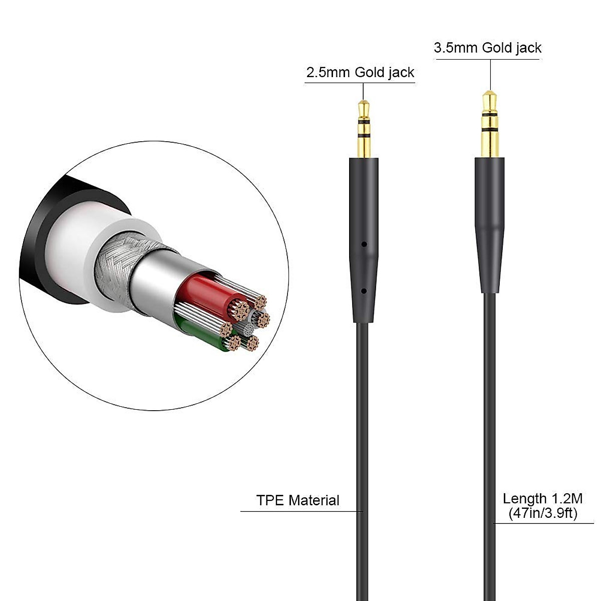 QC35 Cable 3.5 to 2.5 Extension Cord Replacement Audio Cable Line Compatible with Bose QuietComfort 45/35 II Wireless Headphones 700 / QC35 II / QC35 QC45(Series I) / SoundLink II On-Ear 2 OE2 OE2i