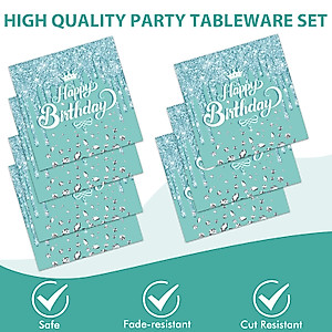 82PCS Teal Birthday Decorations Teal and Silver Tableware Set for Happy Birthday Party Decorations Breakfast Blue Theme Table Covers Plates Napkins for Girls Women Silver GlitterParty Supplies