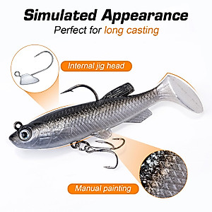 Goture Soft Fishing Lures jig Heads, Saltwater Freshwater Minnow Fishing Bait T Tail with jig Head, Fishing Lure Swim Shad Baits for Bass Fishing 5Pack