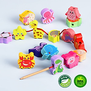 Eivaai Montessori Educational Wooden Lacing Beads Toys for Toddler 3 4 5 Year Old, Farm Animals Dinosaur Fish Threading Toys Preschool Stringing Fine Motor Skills Toy for Boys Girls