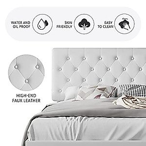 SHA CERLIN King Size Bed Frame with Button Tufted Headboard, Faux Leather Upholstered Mattress Foundation, Platform Bed Frame, Wooden Slat Support, No Box Spring Needed, White
