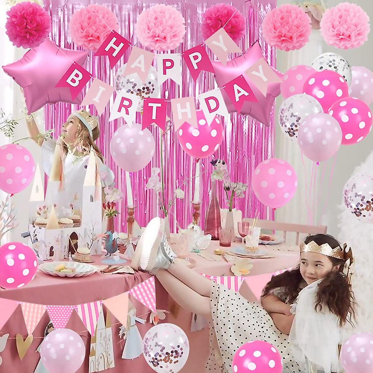 Pink Birthday Party Decorations, Light Pink and White Decorations with Happy Birthday Banner, Tissue Pom Pom Flowers, Pink Foil Fringe Curtain, Happy Birthday Party Supplies for Girls Women Kids