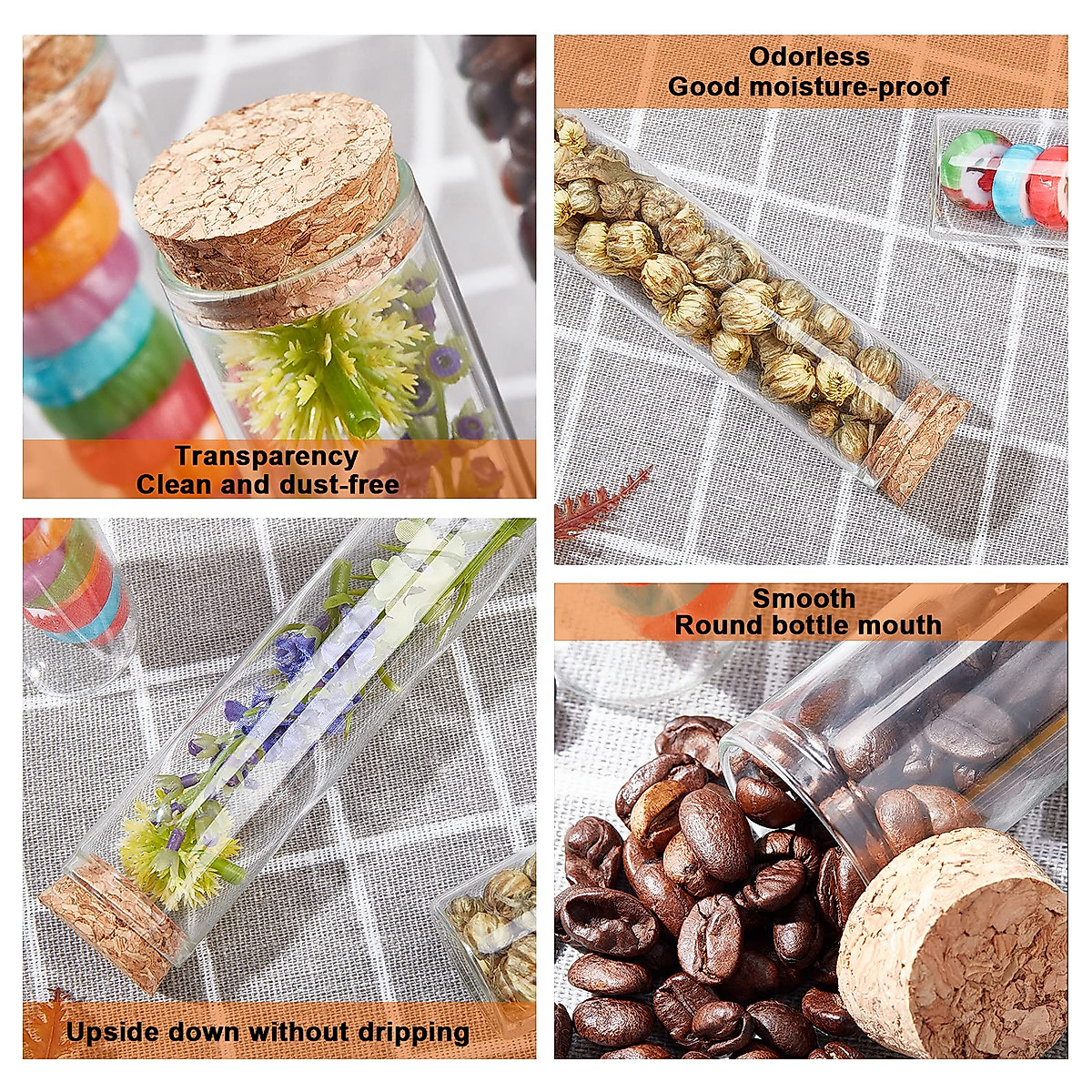 BENECREAT 10 Pack 60ml Glass Test Tube with Cork Stopper Clear Flat Mini Glass Bottles Jars for Wedding Party Favors, Candy, Spices, Beads, Mother's Day Home Decor