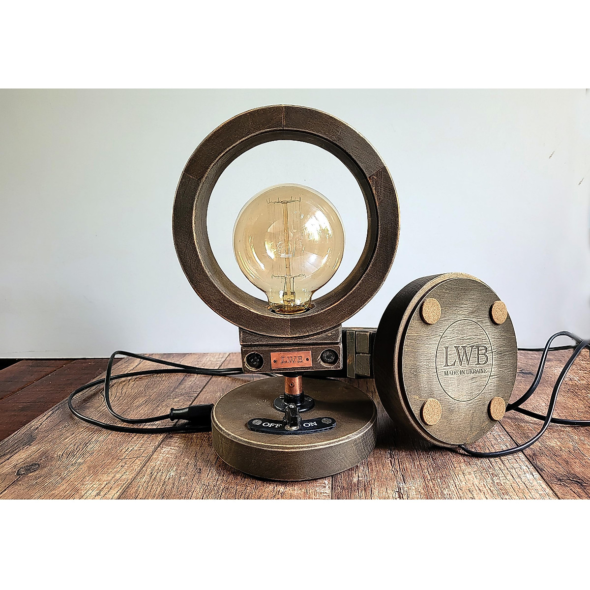 Wooden table lamp LWB, handmade steampunk author's design solid wood brass aged wood vintage rustic