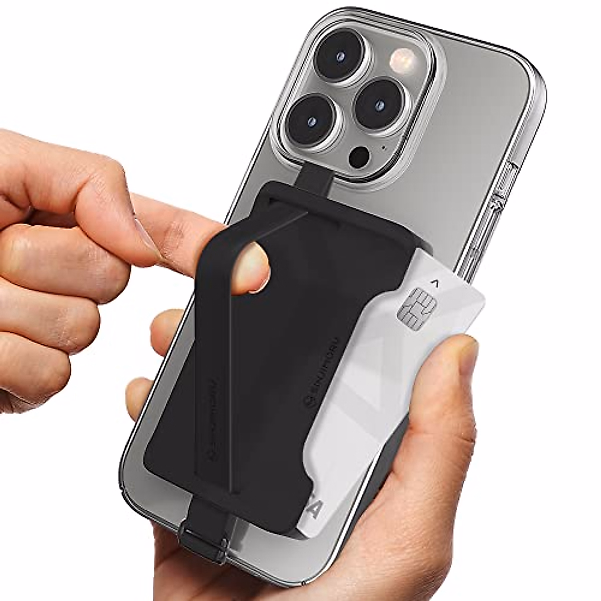 Sinjimoru Silicone Card Holder with Loop, Finger Grip Strap for iPhone, Samsung Galaxy and Android Cell Phones - ID Credit Card Wallet Sleeve for Phone Cases. Sinji Loop Wallet Black 230