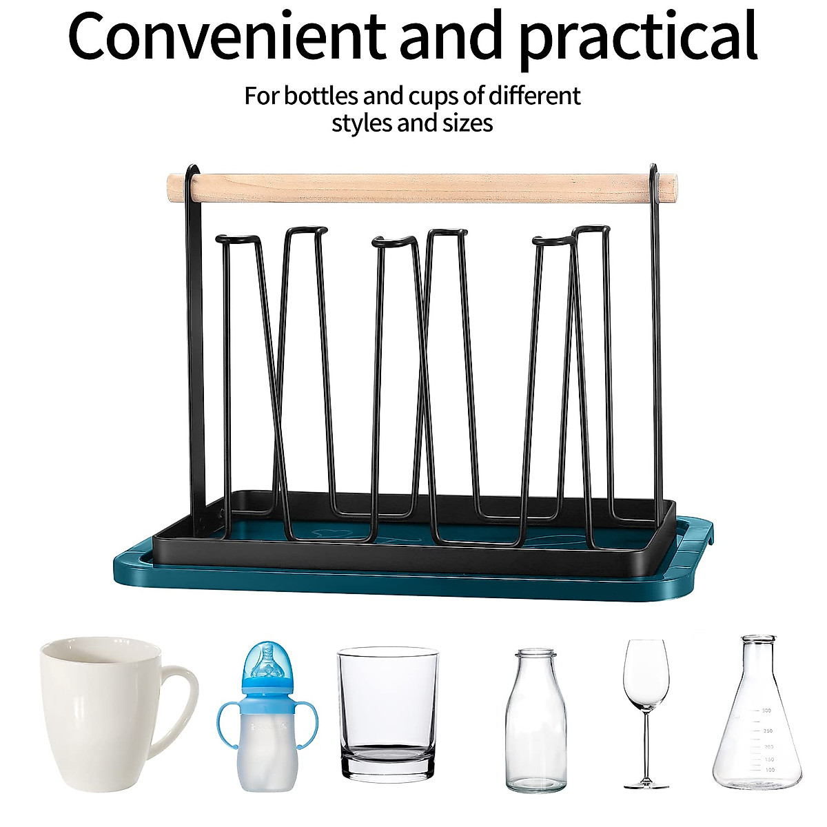 wugongshan Water Bottle Drying Rack, Cup Drying Rack, Coffee Mugs Wine Glass Drying Rack, Tumbler Bottle Drying Drainer Stand with Wood Handle & Removable Draining Tray for Kitchen Countertop