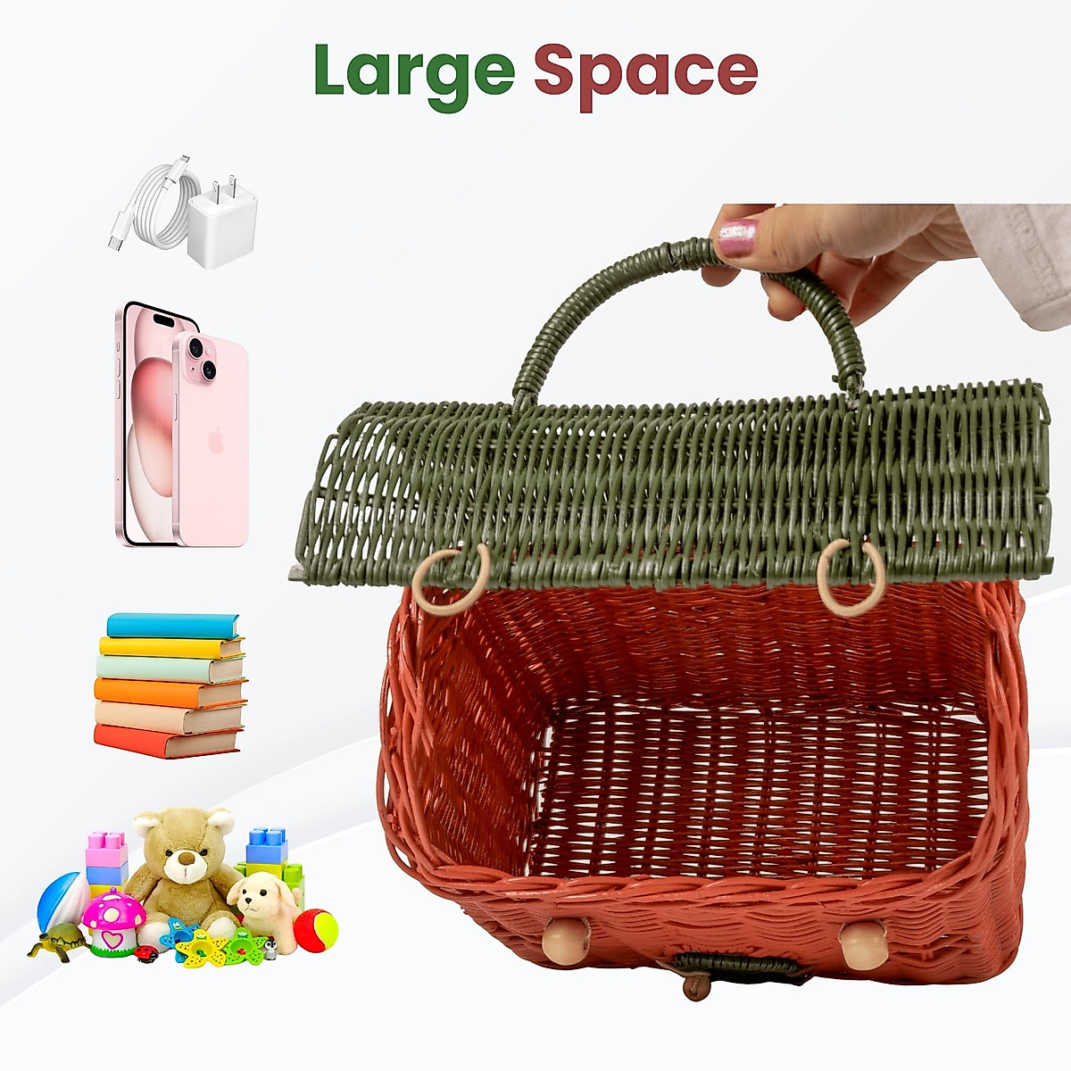 KOLWOVEN Rattan House Storage Basket with Lid - Mouse in a Box House- Small Doll house- Decorative Hand Woven Shelf Organizer Cute Handmade Handcrafted Gift Decoration Artwork Wicker (Moss green)