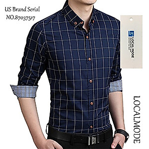 LOCALMODE Men's 100% Cotton Long Sleeve Plaid Slim Fit Button Down Dress Shirt,Navy Blue,Large
