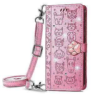 ONV Wallet Case for Oppo Realme 7 Pro - Adjustable Strap Sparkly Animal Leather Folio Cover Card Holder Anti-Shock Stand Magnet Flip Case for Oppo Realme 7 Pro [MG] -Pink
