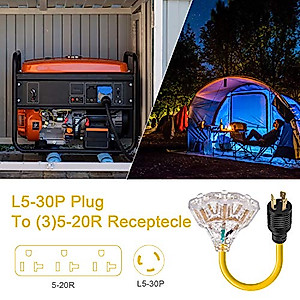 Rophor 30 Amp to 110 Adapter Generator Power Cord, 3 Prong 30 Amp to 15 Amp Generator Adapter, Nema L5-30P Male to 3X 5-20R Female with Lighted End, 1.5 FT