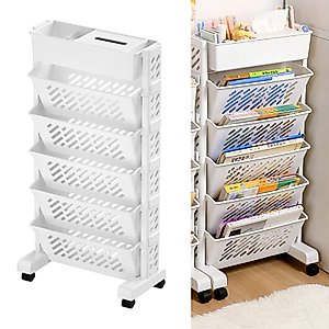 Movable Bookshelf Cart Rotatable Removable Plastic Multifunctional Rolling Cart Deskside Bookshelf Desk Organizer with Wheels (6 Layer)