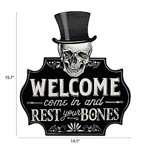 DR.DUDU Halloween Door Decoration, Halloween Welcome Sign, Halloween Skeleton Hanging Welcome Sign, 16" Wood Door Sign Haunted House Skeleton Decor, Halloween Wall Sign (black)