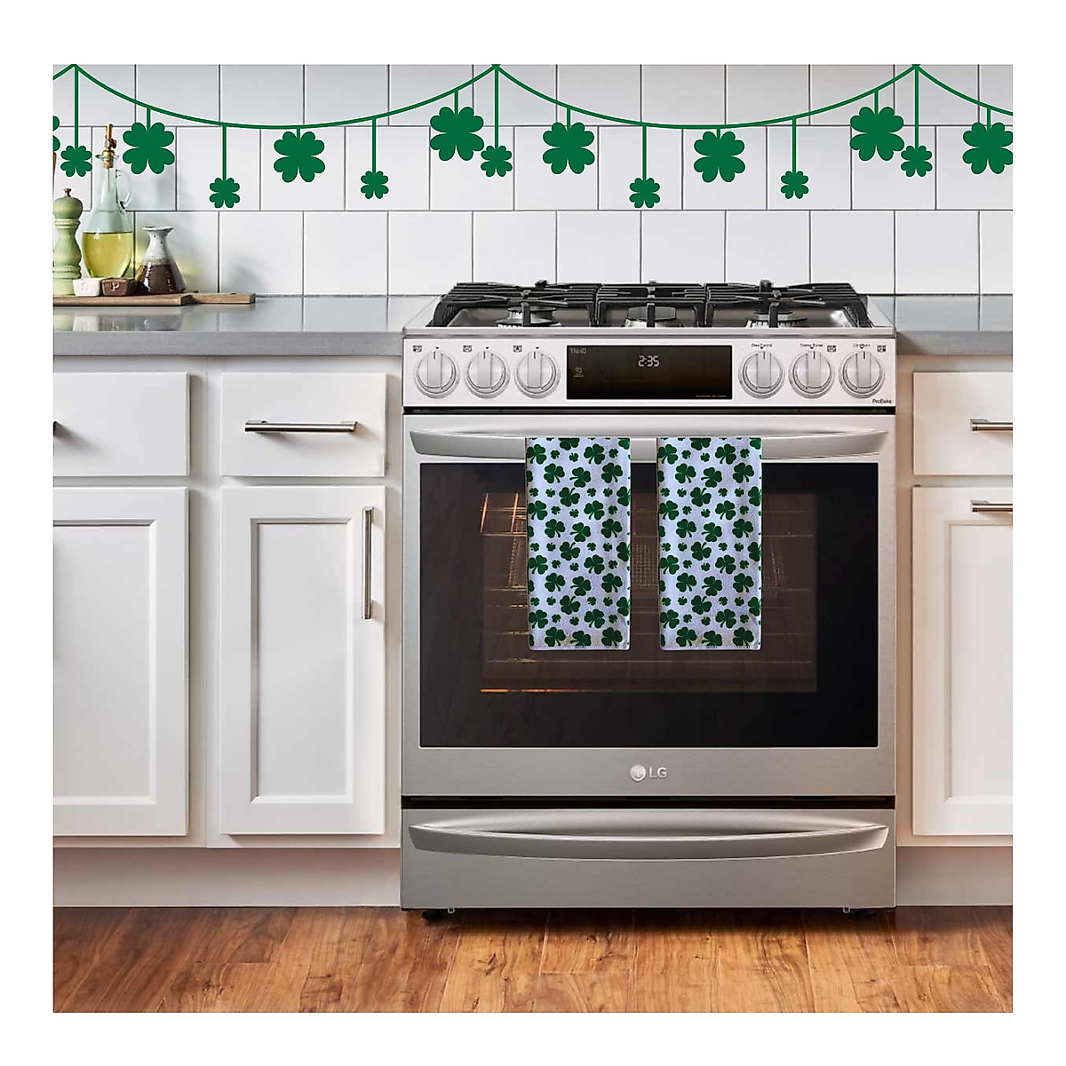 Ja'cor St Patricks Day Shamrocks Kitchen Towels Set of 2, White Green Shamrock Decor Accessories Irish Dish Linen Dishcloths Towel Decorations with 1Pc-Saint Patrick's Large Cookie Cutters