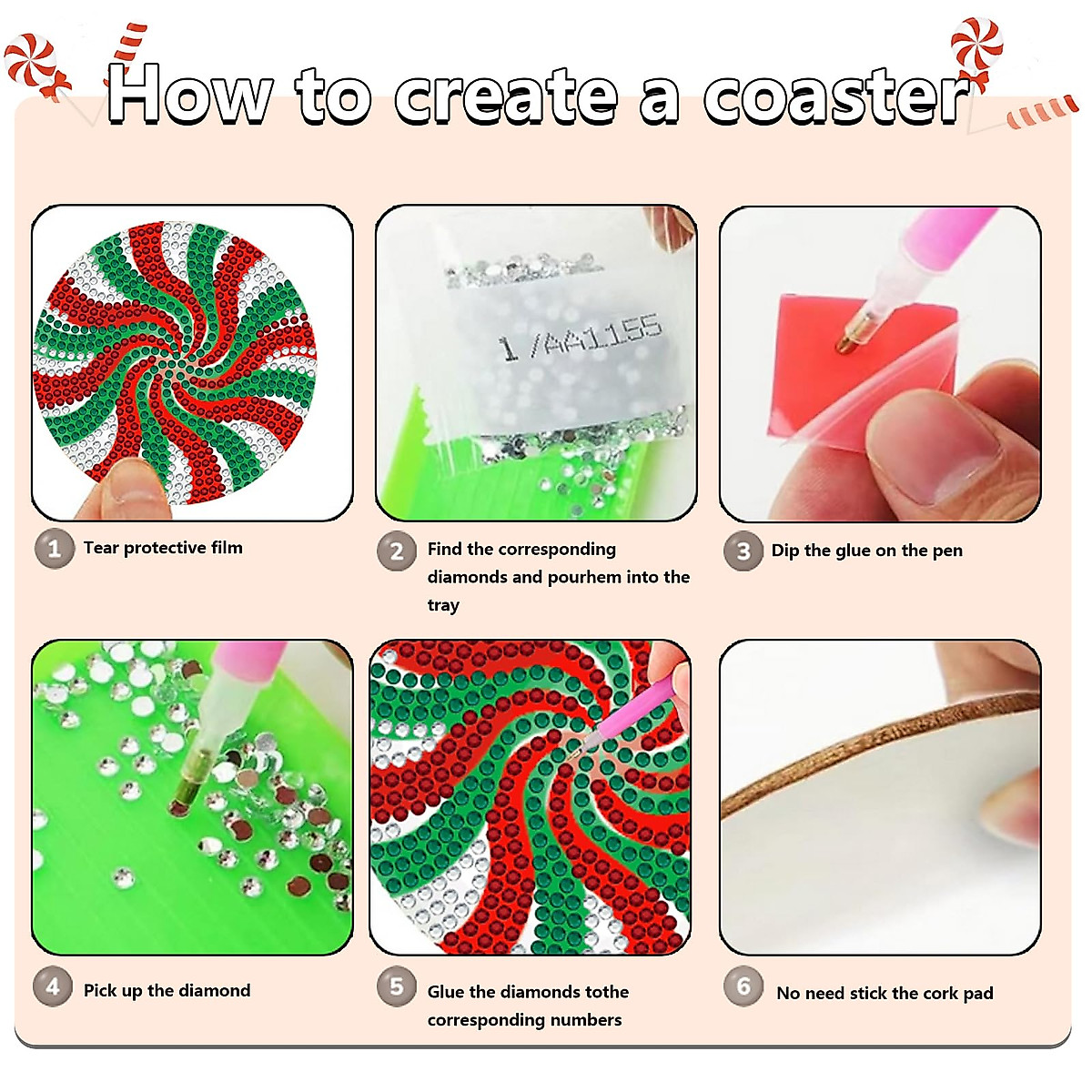 8 Pieces Christmas Candy Diamond Coasters with Holder 5D DIY Christmas Candy Diamond Art Coasters for Drinks Diamond Arts Kits for Christmas Holiday Gift
