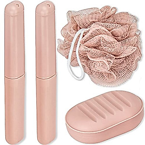 DecorRack Portable Toiletry Set in Resealable Bag with Soap Case, Bath Sponge, 2 Toothbrush Holders, Ideal Kit for Travel, Gym, Camping, Home, and Outdoors, Mint Green and Rose Pink Colors (4 Piece)