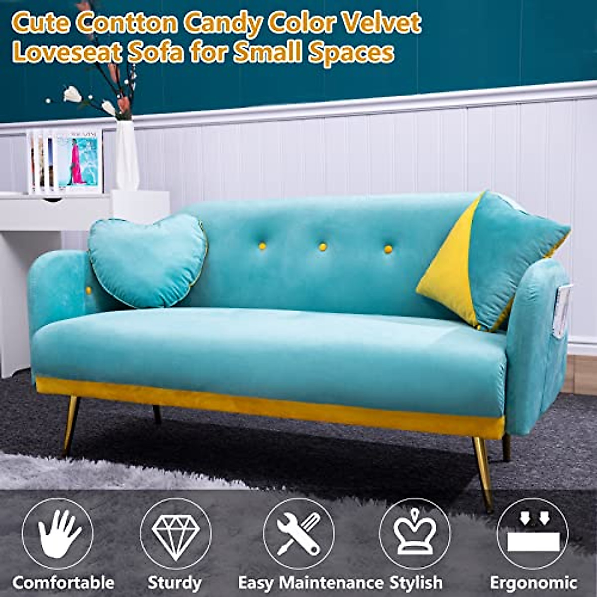 Betoko Tufted Velvet Loveseat Sofa Stylish Color Block Love Seats Couches Cute Cotton Candy Loveseat Sofas for Living Room Bedroom with Golden Metal Legs and Side Pockets (Light Blue)
