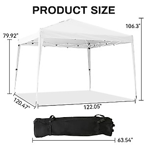 Elevon 10'x10' Pop Up Canopy with Sidewalls Adjustable Leg Heights with Wheeled Carrying Bag, Stakes, Rope and 4X Weighted Sand Bags, White with Sidewalls
