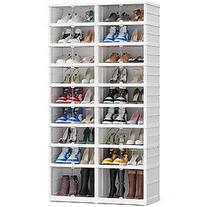 BROVIEW 9 Tier 36Pairs Plastic Shoe Storage Organizer Boxes, Large Collapsible Stackable Shoe Rack for Closet Entryway, Folding Shoe Storage Cabinet Container Sneaker Bin with Clear Doors, White