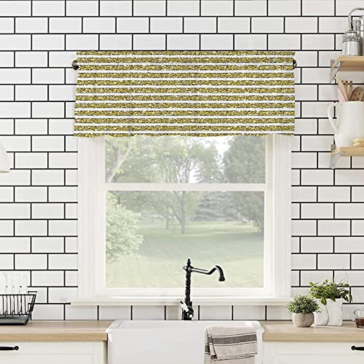 Millxiu Kitchen Curtain Valance 54x18 inch White Gold Stripes Window Valance for Kitchen and Bathroom,Rod Pocket Short Valances Window Treatment