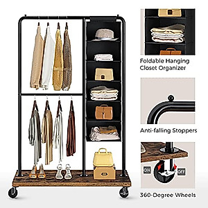 Rolanstar Clothing Garment Rack with Hanging Closet Organizer, Adjustable Heavy Duty Clothes Rack, with Rolling Wheels and 2 Brakes, Great for Living Room, Bedroom