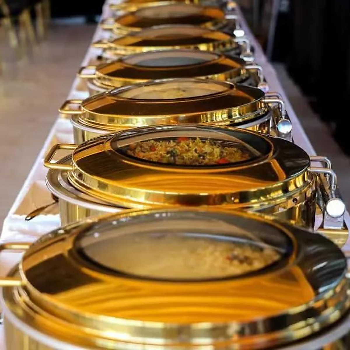 HONHPD 1 Pcs 6.8QT Round Chafing Dish Buffet Set,Gold Stainless Steel Buffet Servers and Warmers,Round Chafer Food Warmer with Glass Window Hydraulic Lid & Holder for Wedding Parties Catering,Golden