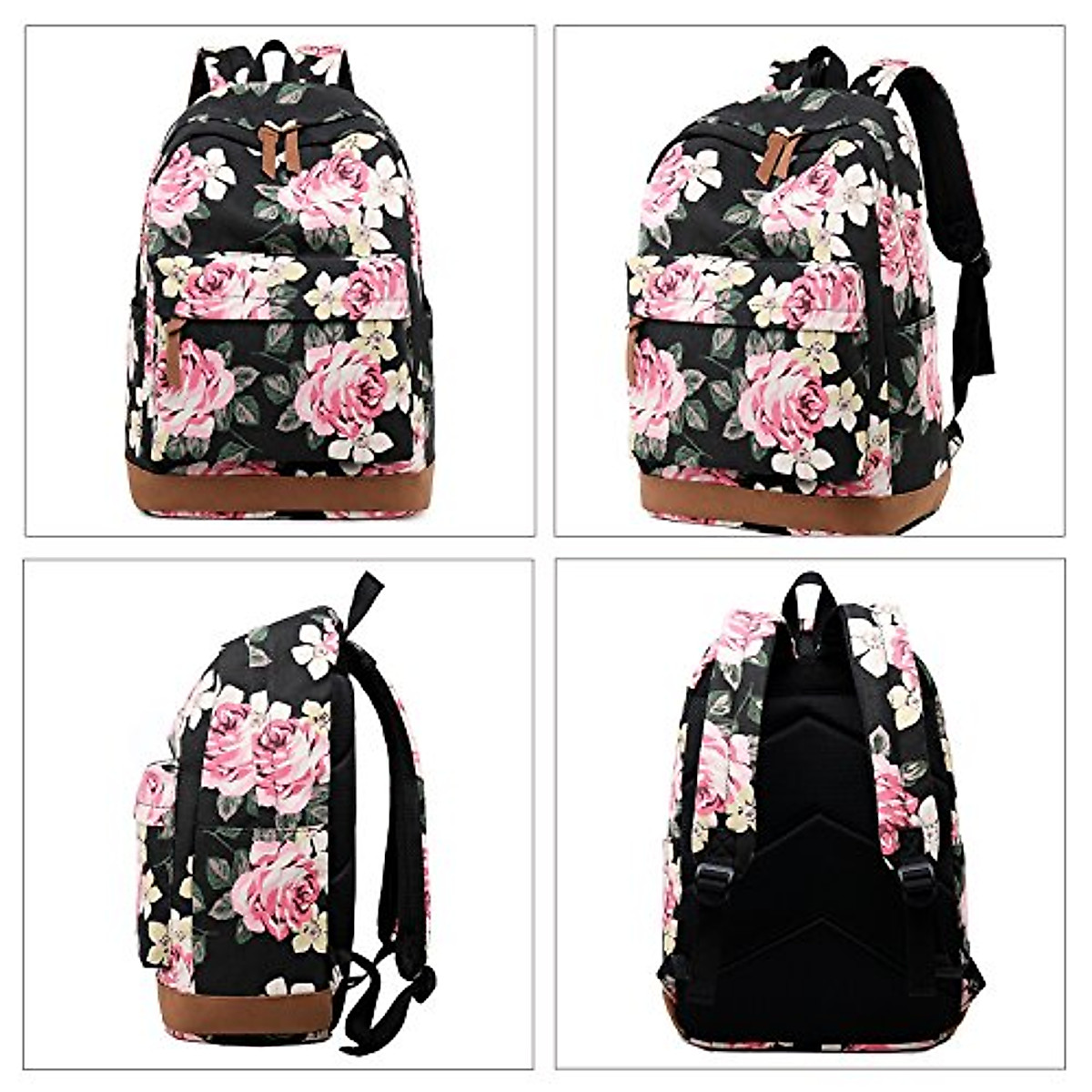 abshoo Floral Backpacks For Girls Canvas School Bookbags Teen Girls Backpacks With Lunch Bag (Floral Black)