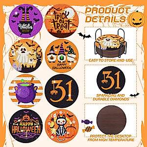 Suttmin 8 Pcs Halloween Diamond Painting Coasters Kits DIY Diamond Kits with Holder Gnome Pumpkin Ghost Coasters for Adult Kids Christmas for Craft Beginner Party Gift