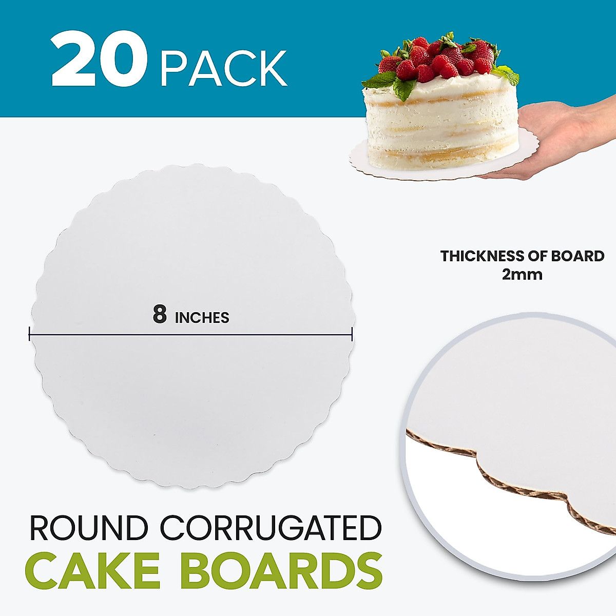 Fit Meal Prep [20 Pack] 8 Inch Cake White Cardboard Disposable Cake Bottoms Pizza Circles Round Base Stand for Desserts and Pastries Grease Proof and Moisture Resistant, Christmas, Birthday, Wedding