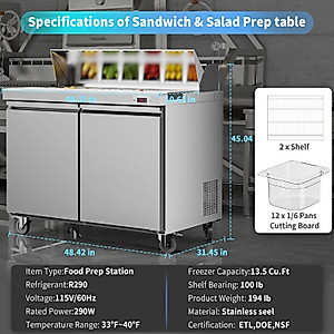 ECEVT 48" W Commercial Refrigerator Sandwich Salad Prep Table Refrigerator Stainless Steel with 12 Pans, Kitchen Equipment for Restaurant, Bar, Shop, Buffet, etc, ETL/NSF/DOE Approved