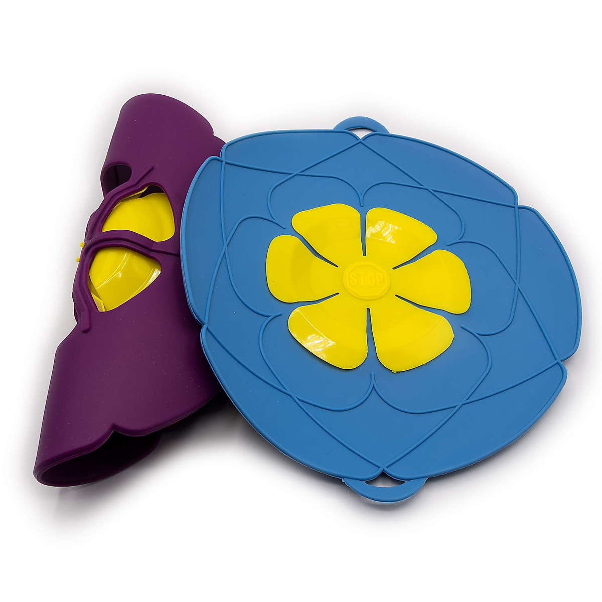 Pack of 2 Silicone spill stopper lids for pots and pans, Pot lid, boil over spill stopper, frywall splatter guard, pot lids, Multi-Purpose Cooking Tool, 10.2 inches Purple+Blue, silicone pot lids