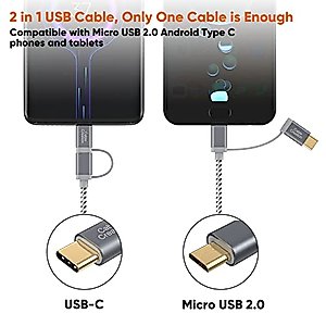 CableCreation 2 in 1 USB C Cable 0.8ft, Braided Micro USB + USB C to USB A Fast Charge Cord Compatible with Galaxy S22 Ultra Note 8, Pixel XL, Android & USB-C Devices, 0.25 M/Space Gray