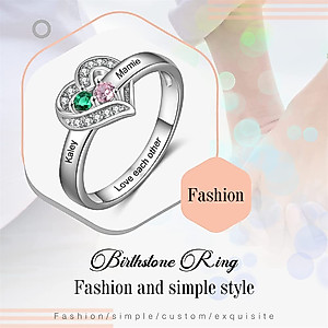 Personalized 2 Birthstones Rings Silver Heart Custom Engraved Name Ring Wedding Family Christmas Mother Days Birthday Anniversary Jewelry (2 stones)