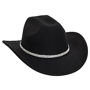 INOGIH Classic Black Western Felt Roll-Up-Brim Cowboy-Hat for Women Men - Bling Cowgirl-Hat Felt Fedora for Disco Parties