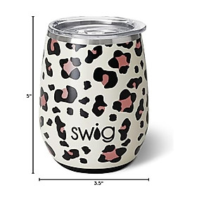 Swig Life 14oz Stemless Wine Cup, Insulated Wine Tumbler with Lid, Stainless Steel Travel Tumbler (Luxy Leopard)