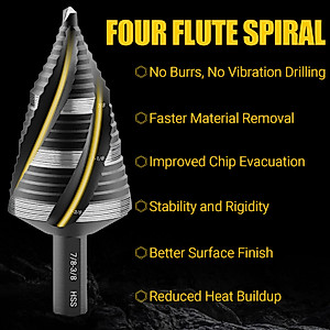 KAKILFOB Four Spiral Flute Step Drill Bit Set, 5 Pieces 1/8"-1-3/8" HSS Unibit Step Drill Bit, 1/4" and 3/8" Shank Step Bits for Metal, Aluminum, Wood, Plastic