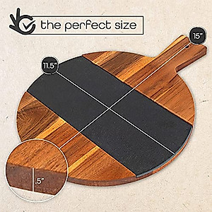 Charmont Large Round Charcuterie Board with Handle Acacia Wood Cheese Board with Slate Serving Platter Slate Cheese Markers Set and Chalk - Food, Cheese and Meat Cutting Board - 11.5 inches