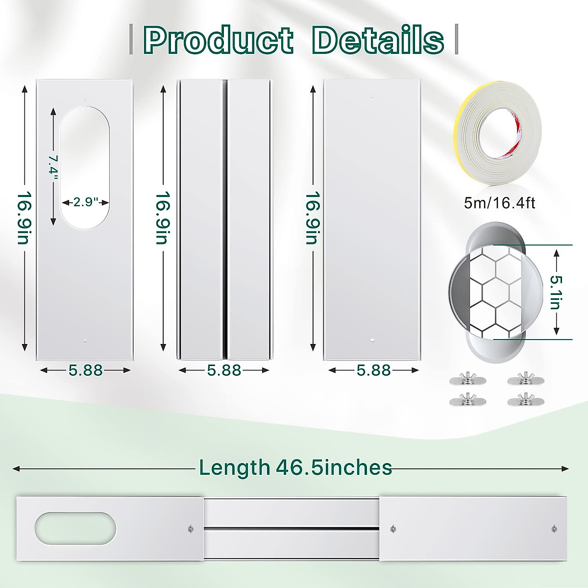 AC Window Vent Kit Portable Air Conditioner Window Kit for Sliding Window, AC Vent Kit with Coupler Window Seal for AC Unit,AC Window Seal Parts Adjustable Length from 16.9"to 46.5" fit for 5.1”Hose