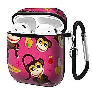 Slim Form Fitted Printing Pattern Cover Case with Carabiner Compatible with Airpods 1 and AirPods 2 / Adorable Kids Monkey and Banana Illustration