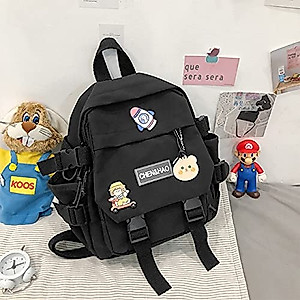 PEXIZUAN kawaii backpack girl school bag waterproof nylon with kawaii pendant cute pin mini backpack(black)